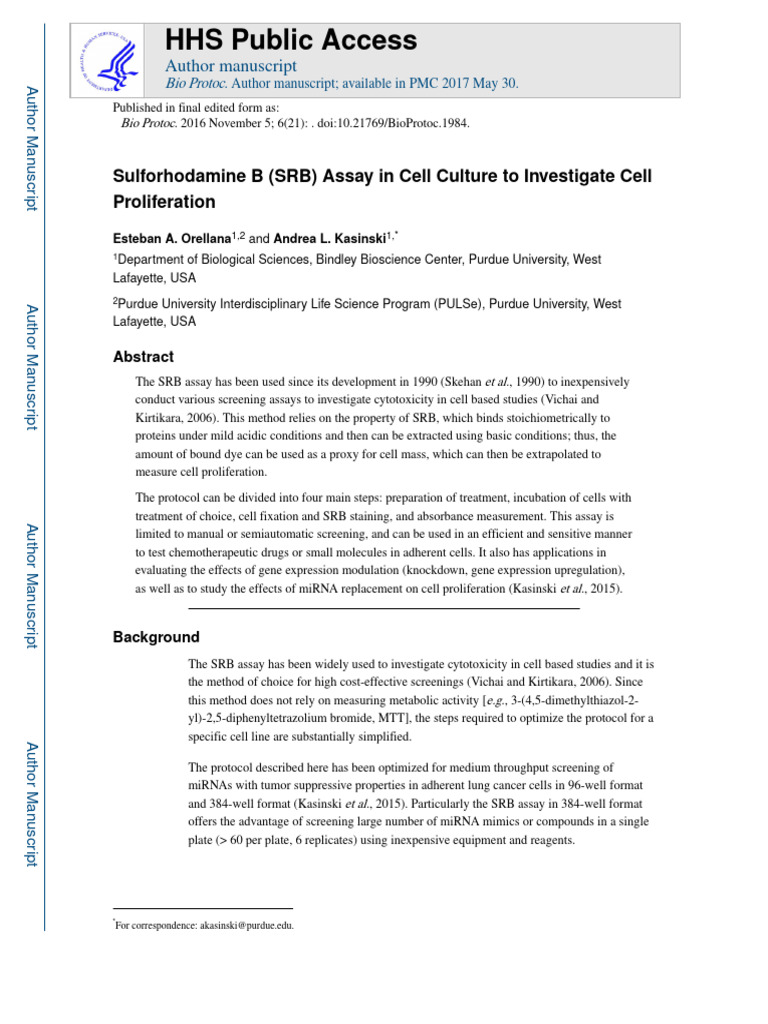 Sulforhodamine B (SRB) Assay in Cell Culture To Investigate Cell ...