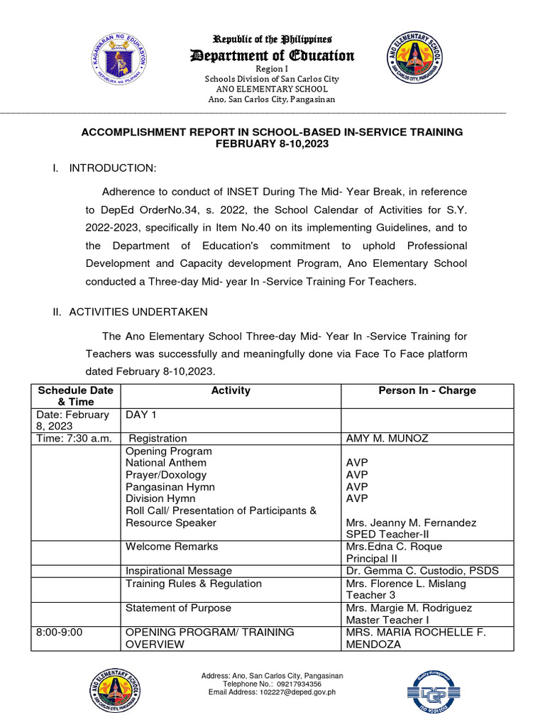 INSET Accomplishment Report 2023 | PDF