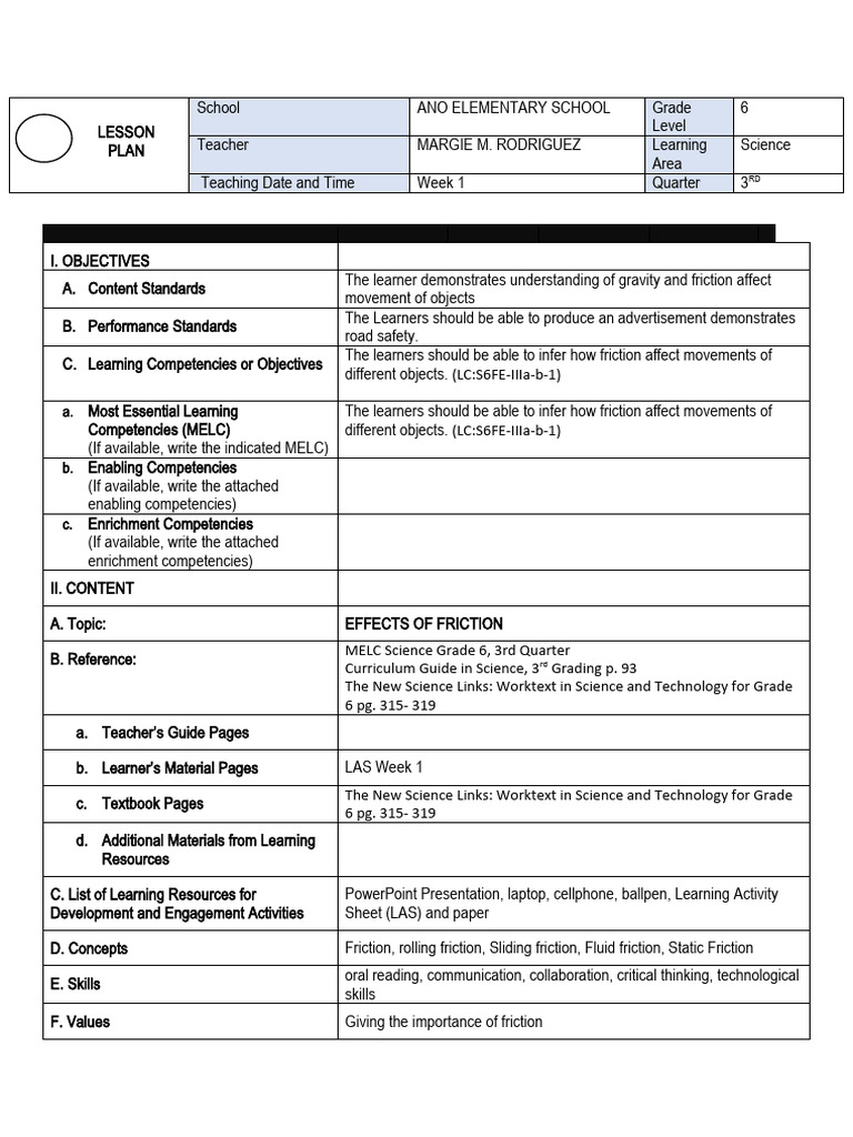 Grade 6 Science Lesson on Friction | PDF | Friction | Learning