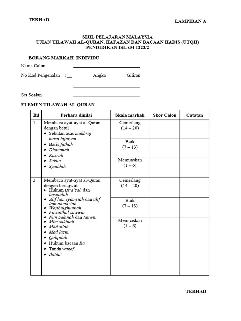 Borang Markah Utqh SPM 2021 | PDF