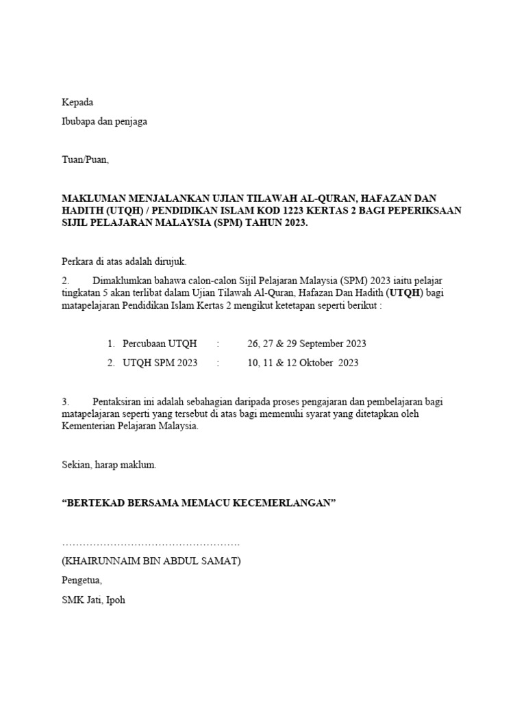 Surat Makluman Kepada Ibubapa | PDF