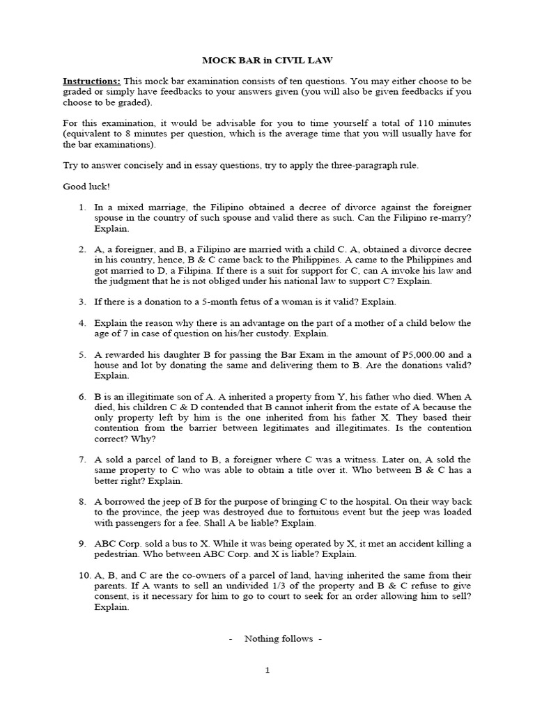 Civil Law Mock Bar Examination Guide | PDF