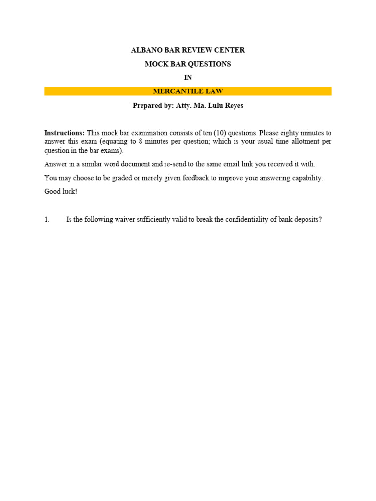 Mercantile Law Mock Bar Questions | PDF | Business