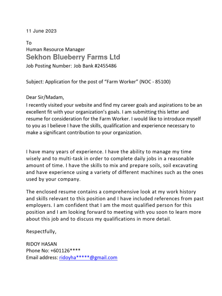 Cover Letter - Farm Worker | PDF