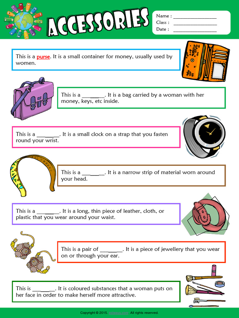 Accessories Esl Vocabulary Find the Words Worksheet for Kids | PDF