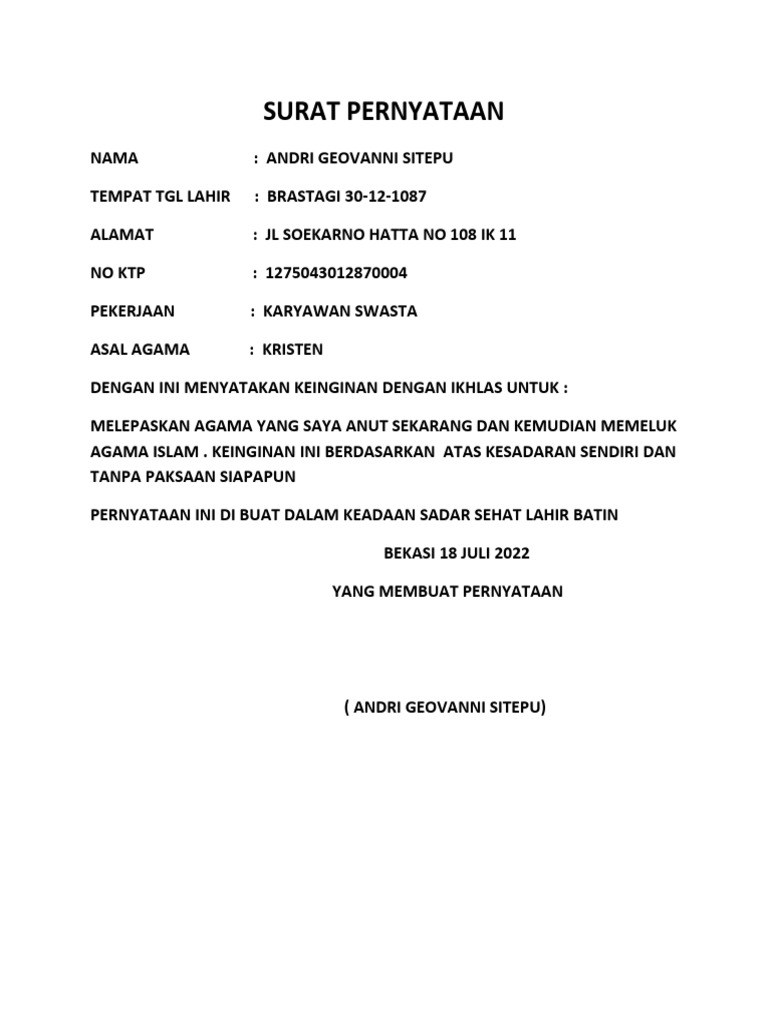 Surat Pernyataan. Masuk Islam | PDF