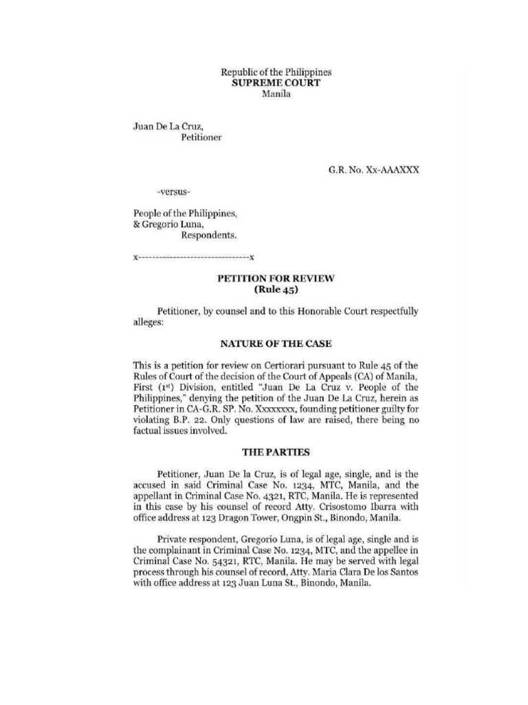 Petition For Review On Certiorari Sample | PDF