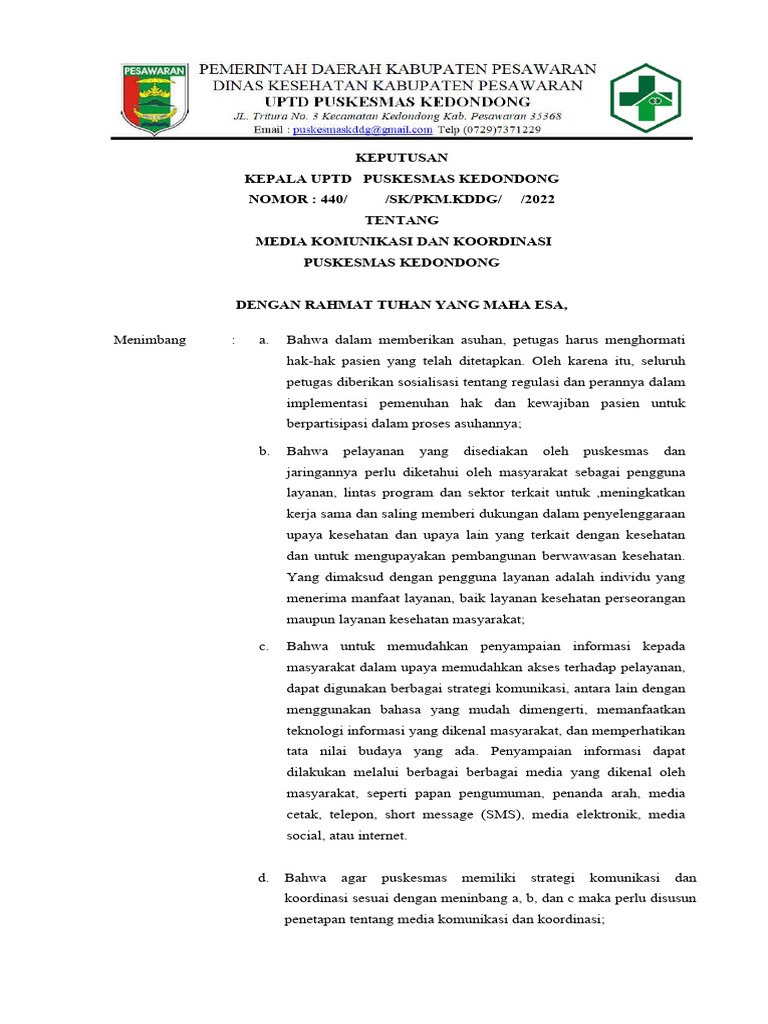 SK Tentang Media Komunikasi Dan Koordinasi Puskesmas | PDF