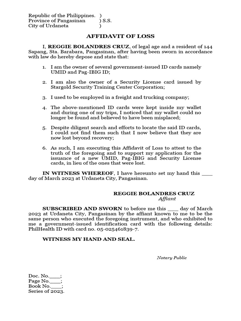 Affidavit of Loss - ID card | PDF