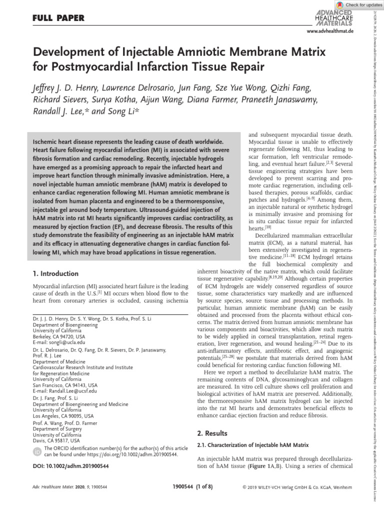 Development of Injectable Amniotic Membrane Matrix For Postmyocardial ...