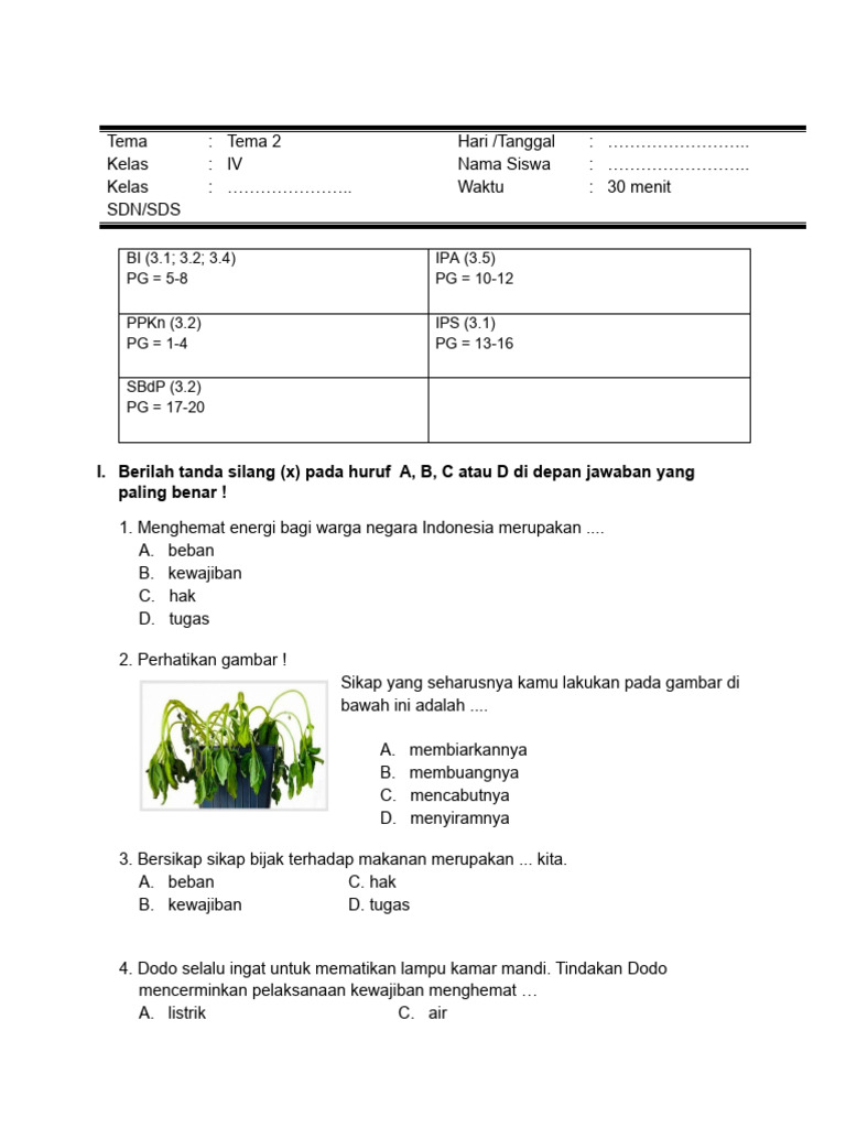 Lat Naskah Soal Pas 1 Kelas 4 Tema 2 | PDF
