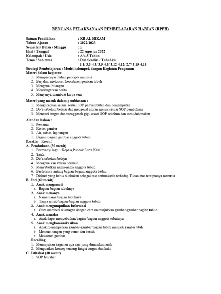 RPPH Pengenalan Anggota Tubuh | PDF