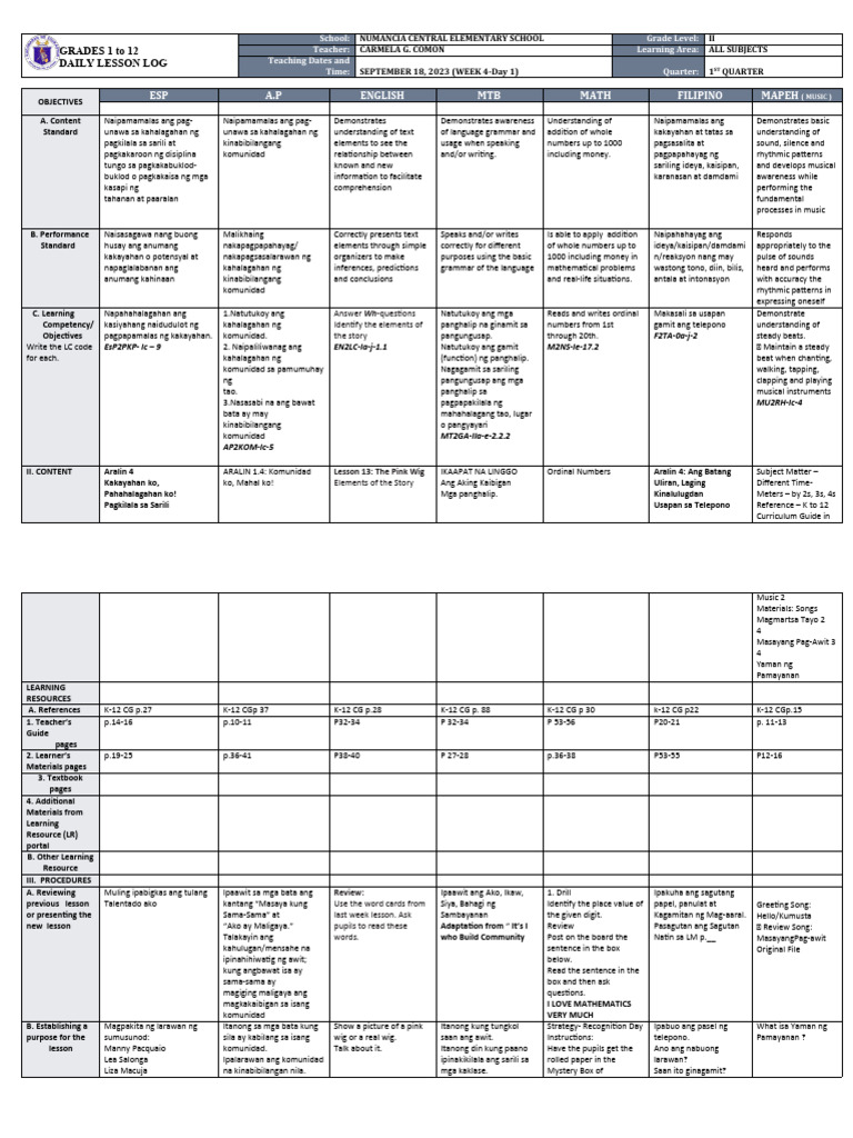 DLL - All Subjects 2 - Q1 - W4 - D1 | PDF