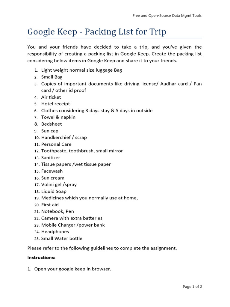 Google Keep-Packing List For Trip | PDF