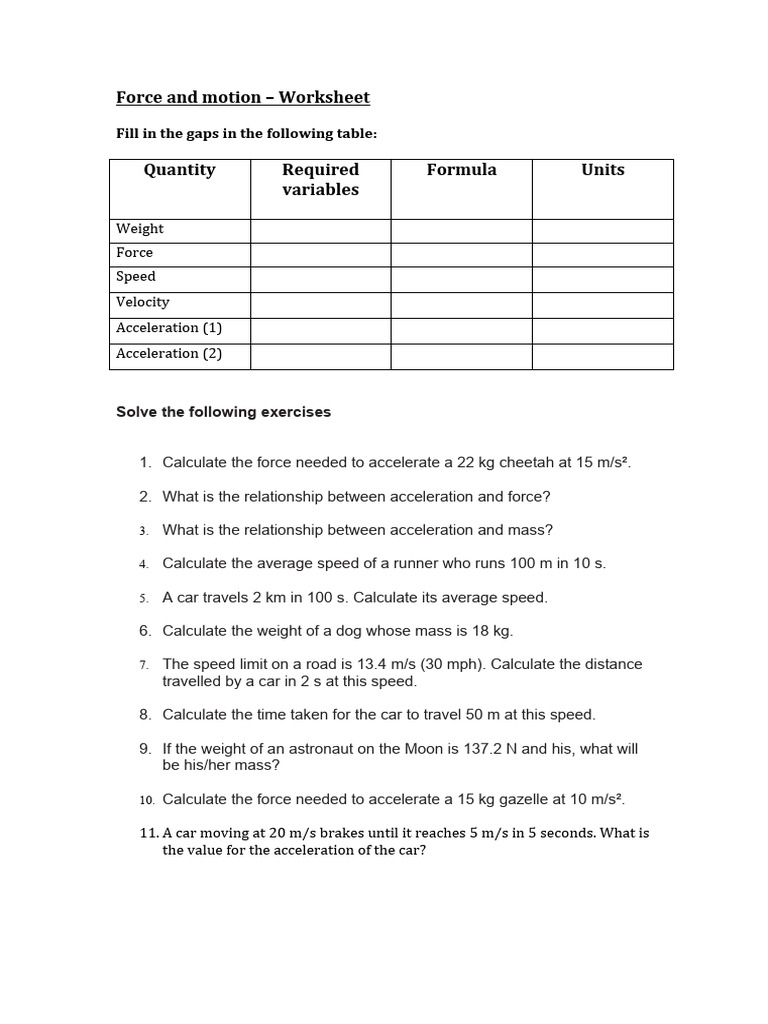 Force and Motion Worksheet Exercises | PDF | Science & Mathematics ...