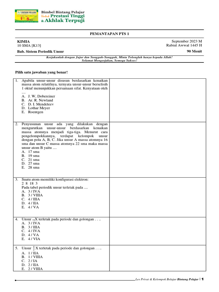 K13 - PM PTS 1 KIMIA - 10 SMA (Sistem Periodik Unsur) (Layout) TA 23-24 | PDF