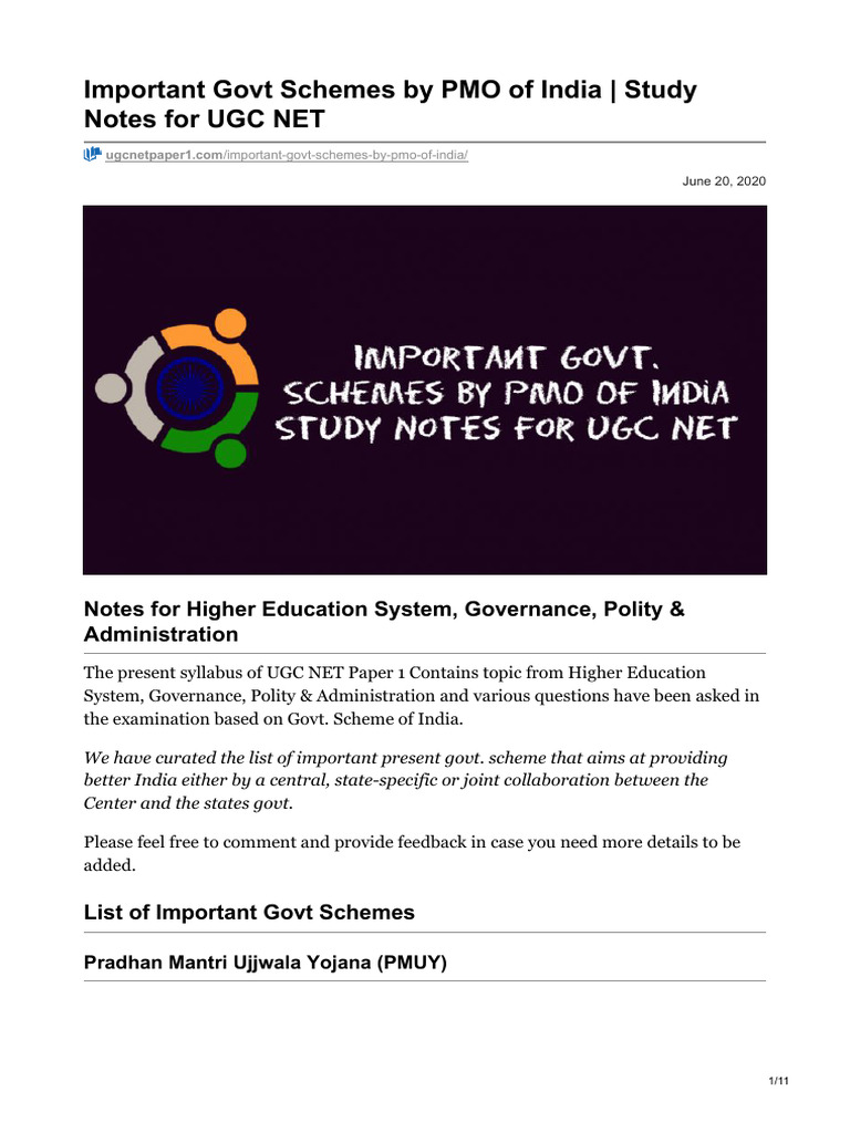 Important Govt Schemes by PMO of India Study Notes for UGC NET | PDF ...