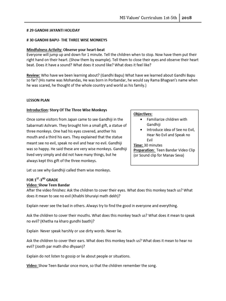 Values Lesson Plans 1st-5th (17-18) - 2022 | PDF | Mahatma Gandhi