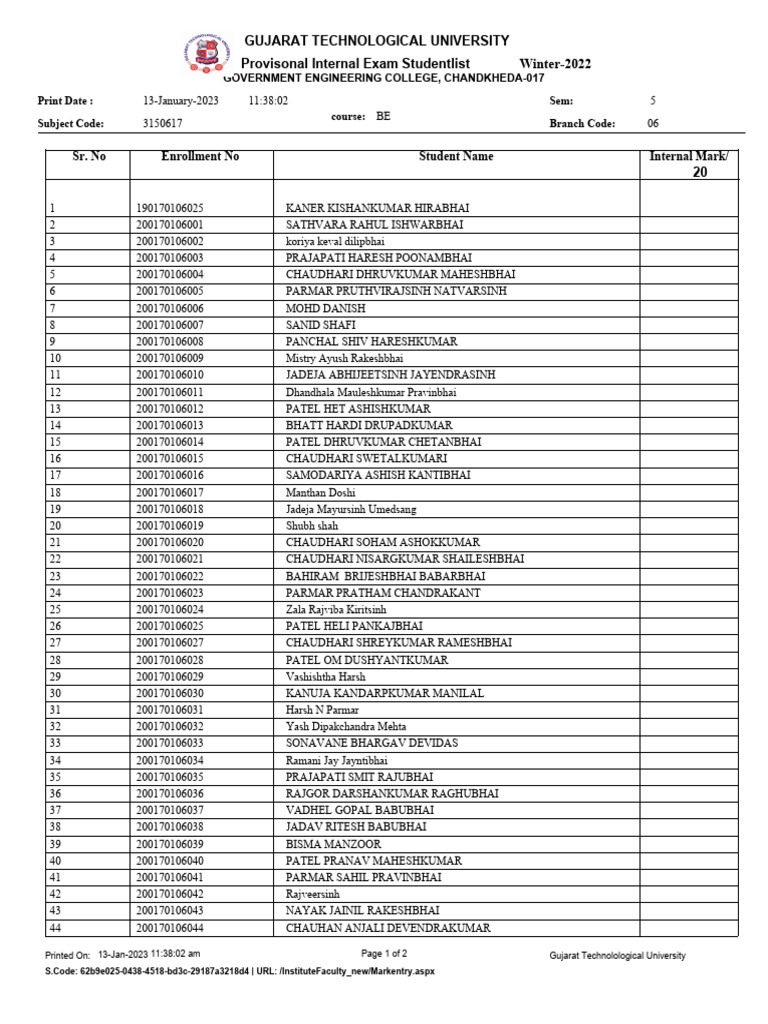 Gujarat Tech University Exam Student List | PDF
