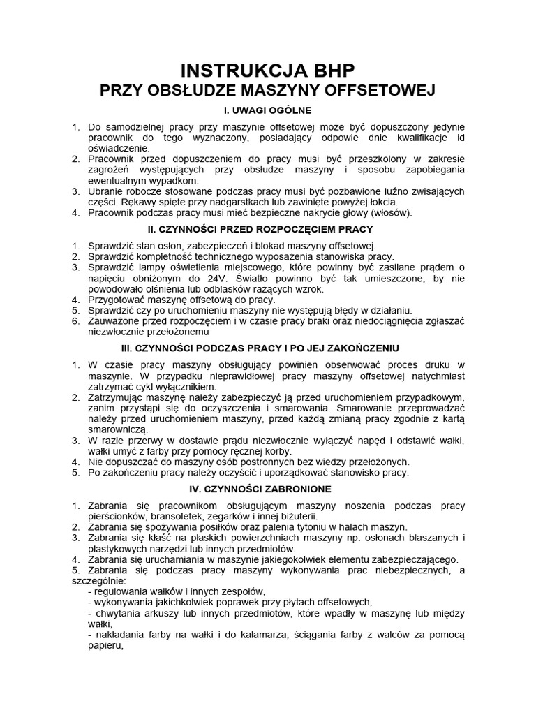 INSTRUKCJA BHP Offset | PDF