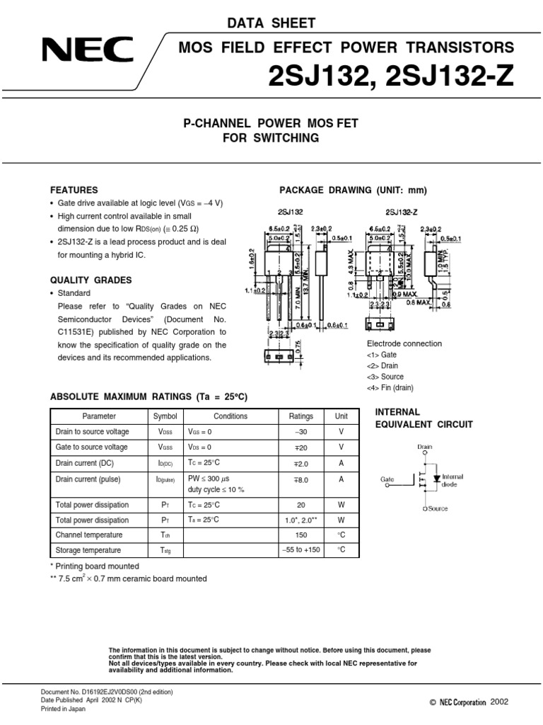 J132 Nec | PDF | Field Effect Transistor | Mosfet