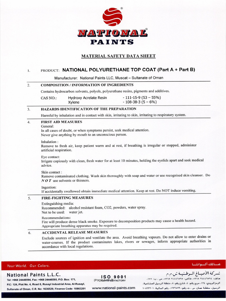 MSDS - National Polyurethane Top Coat (Part A + Part B) - NPOM | PDF