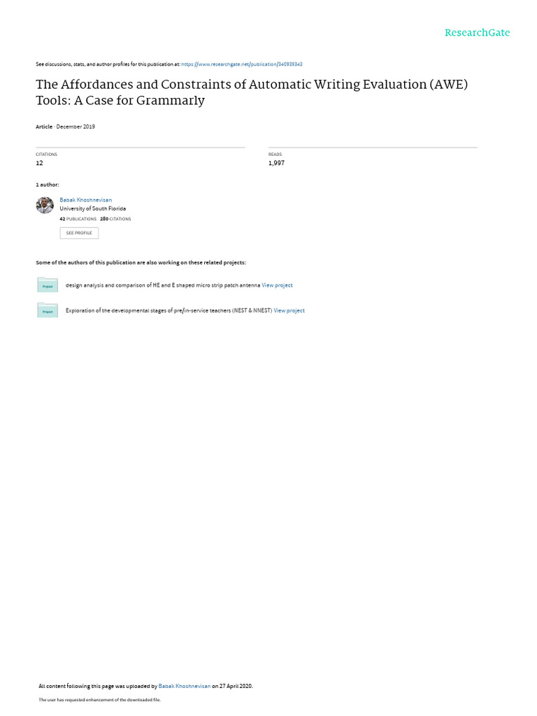 The Affordances and Constraints of Automatic Writing Evaluation (AWE ...