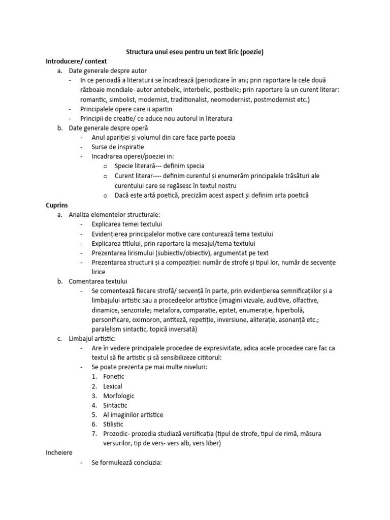 Structura Unui Eseu Pentru Un Text Liric | PDF