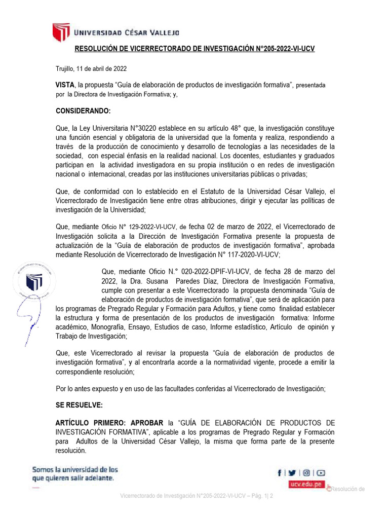 Rvi N°205-2022-Vi-Ucv Aprueba Guía de Elaboración de Productos de ...
