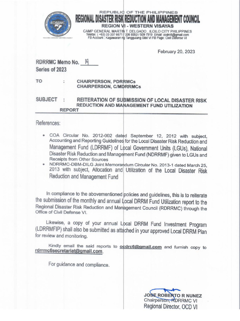 RDRRMC Memo 14 Reiteration of Submission of LDRRMFUR | PDF