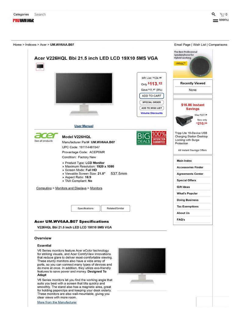 Acer UM - WV6AA.B07 V226HQL Bbi 21.5 Inch LED LCD 19X10 5MS VGA | PDF | Liquid Crystal Display ...