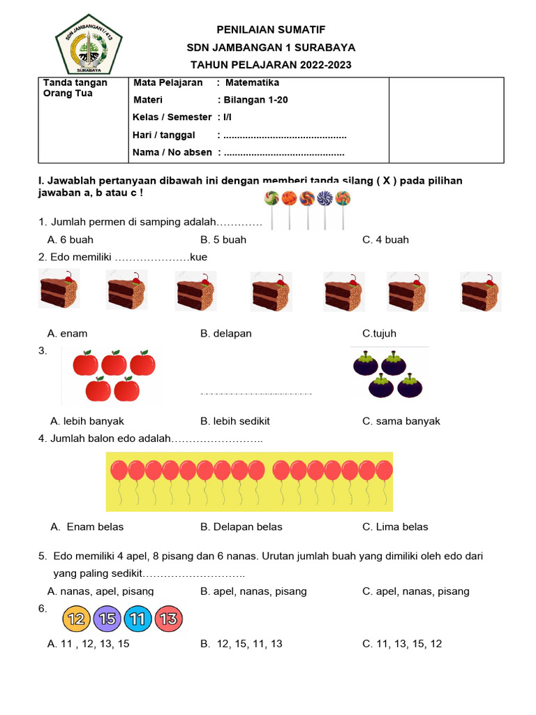 PENILAIAN SUMATIF Matematika Kelas 1 | PDF
