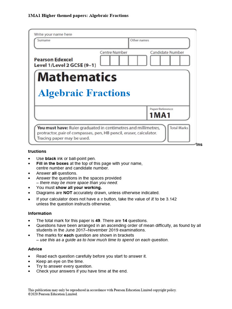 01a Algebraic Fractions - H - Question Paper v2 | PDF | Mathematics | Algebra