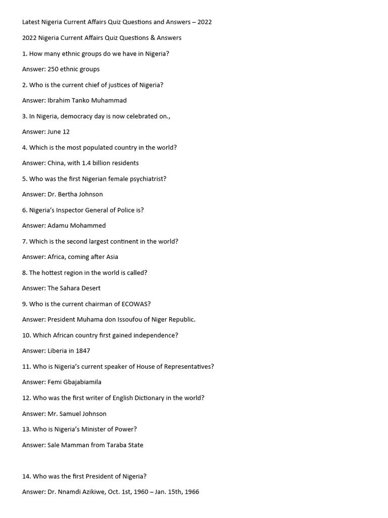 Latest Nigeria Current Affairs Quiz Questions and Answers | PDF