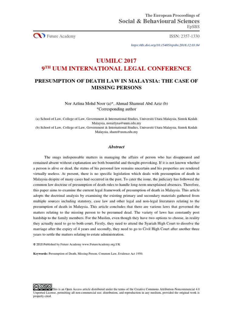 Presumption of Death Law in Malaysia The Case of M | PDF | Burden Of ...