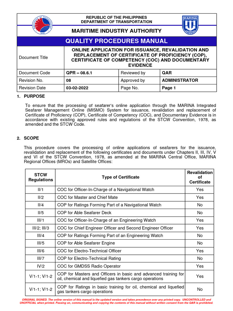 QPR 08.6.1 Rev08 Online Application For Issuance Revalidation and Replacement of COP COC and ...