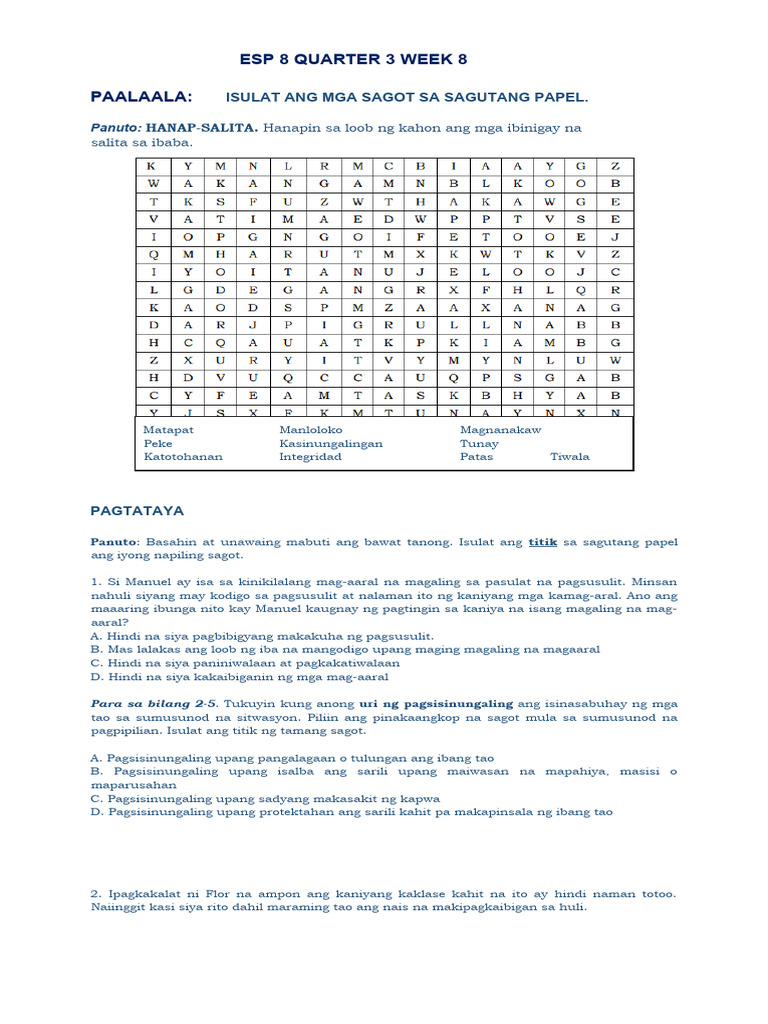 ESP 8 QUARTER 3 WEEK 8 Assessment | PDF