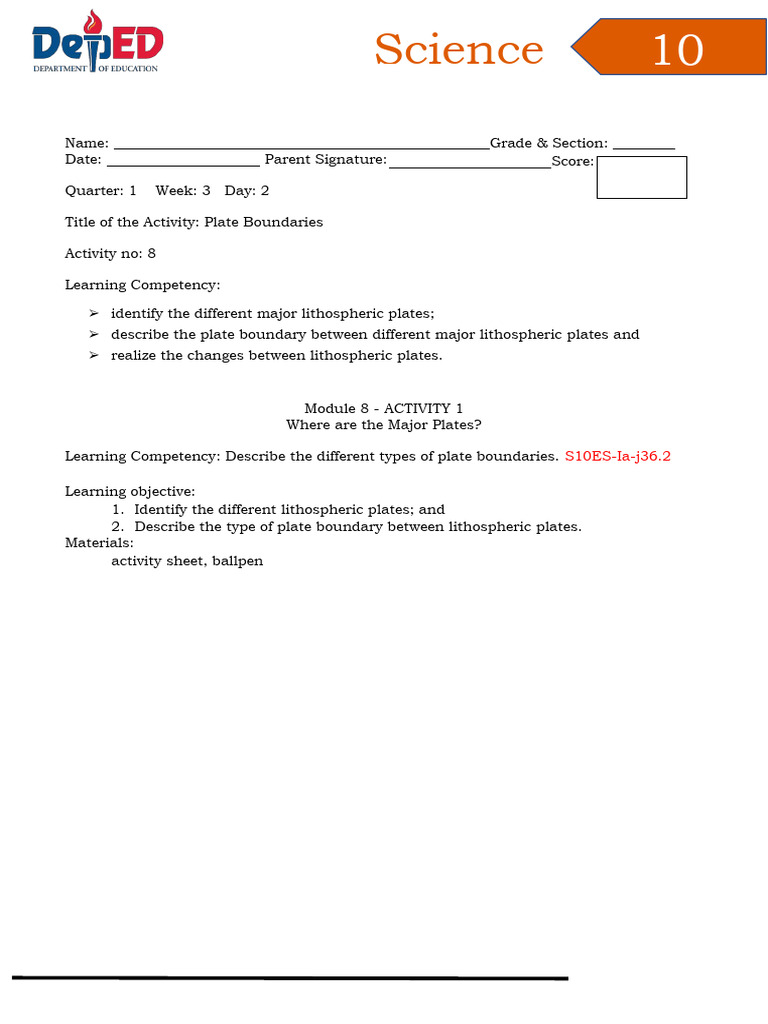 Science 10 Q1 DW8 1 | PDF | Plate Tectonics | Pandemic