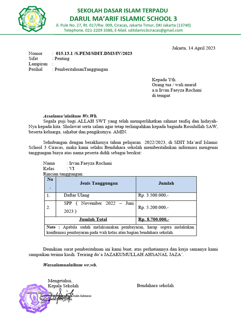 Surat Tagihan SPP | PDF