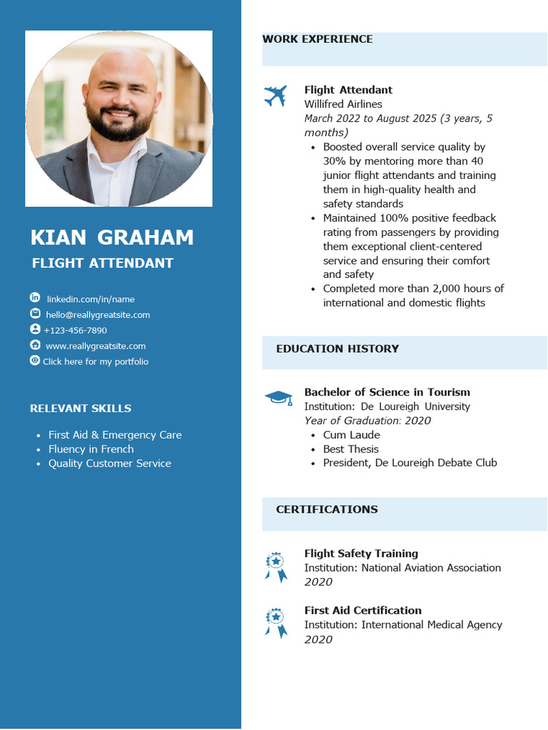 Blue Light Blue Color Blocks Flight Attendant CV | PDF