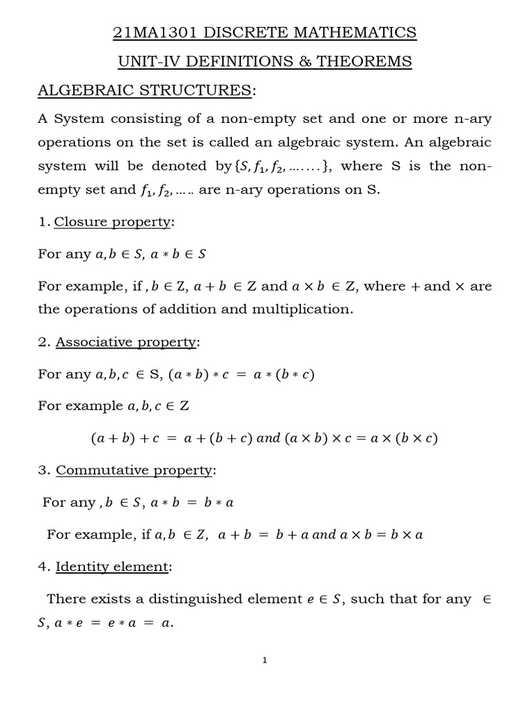 DM UNIT-IV Definitions & Theorems | PDF | Group (Mathematics) | Ring ...