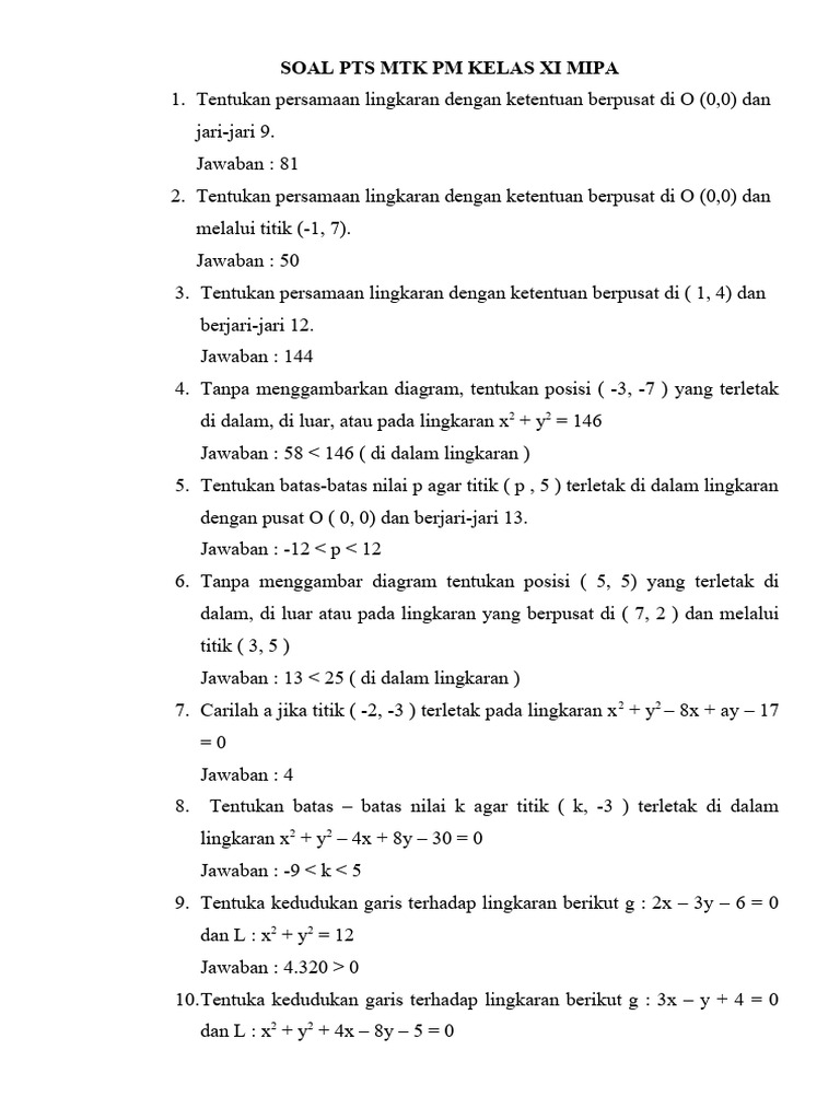 Soal PTS MTK PM Kelas Xi Mipa | PDF
