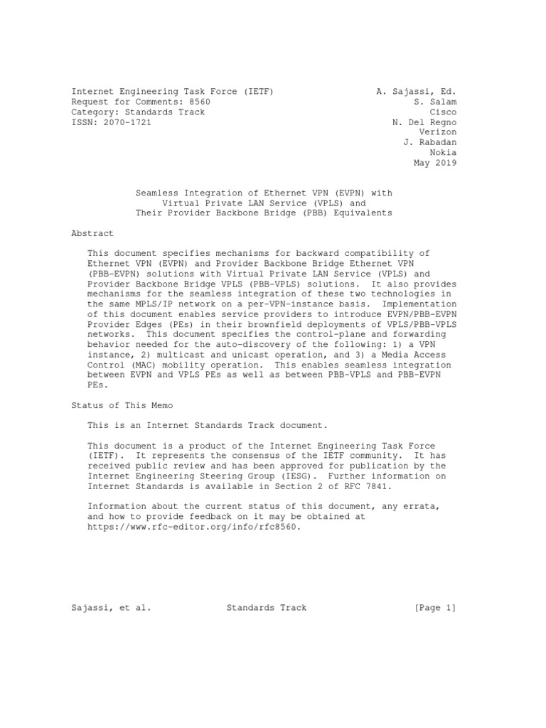 rfc8560 - Seamless Integration of EVPN With VPLS | PDF | Virtual Private Network ...