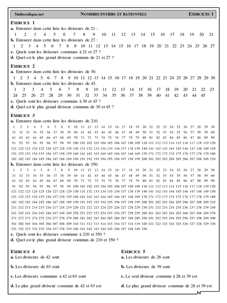 Chap 07 - Ex 1 - Diviseurs D'un Nombre Entier - PGCD - CORRIGE | PDF ...