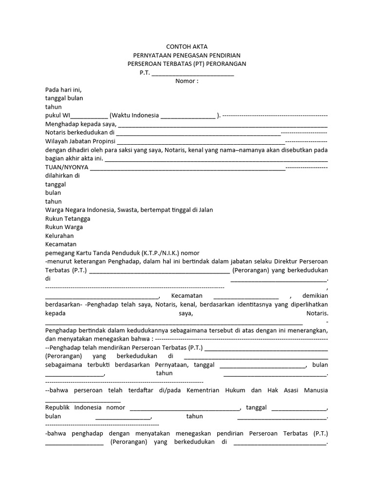 Contoh Akta Pernyataan Penegasan Pendirian PT | PDF