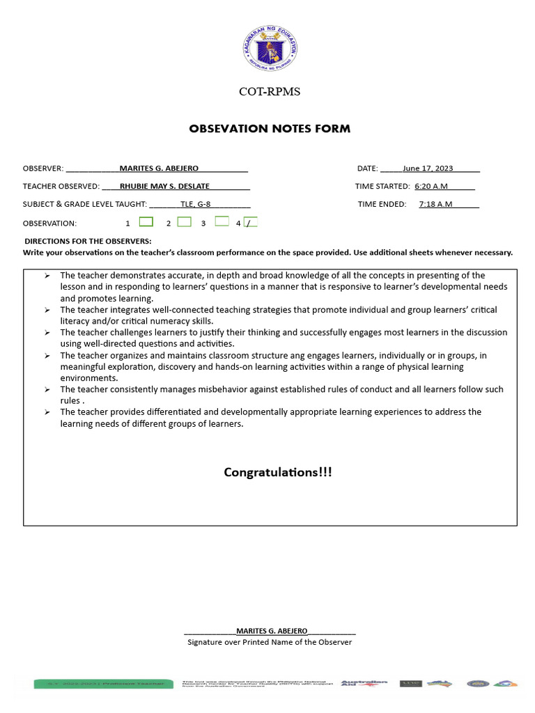 CO 1 Revised Observation Notes Form | PDF | Teachers | Learning