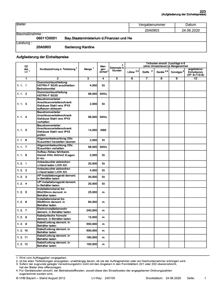 223 Aufgliederung Der Einheitspreise | PDF