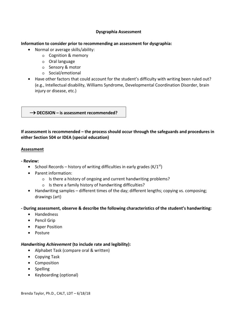 Dysgraphia Assessment Outline | PDF | Neuroscience | Learning