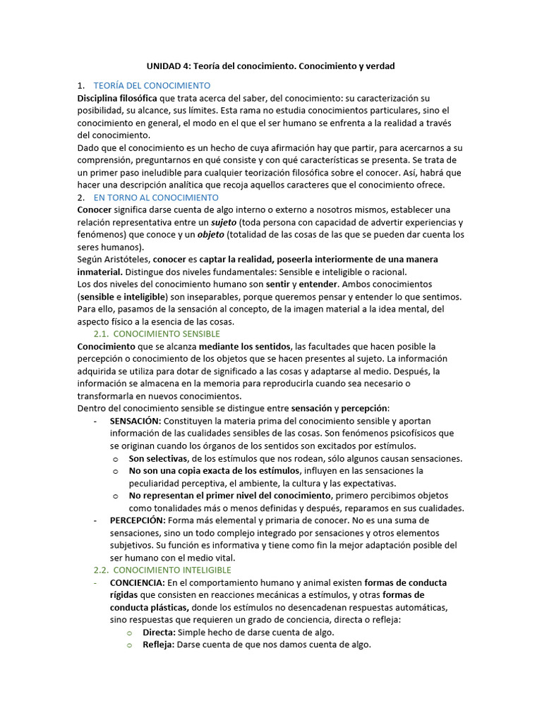 Filosofia Unidad 4 | PDF | Conocimiento | Verdad