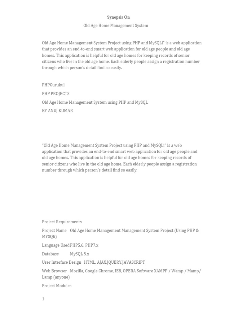 Old Age Management Synopsis | PDF | Php | World Wide Web